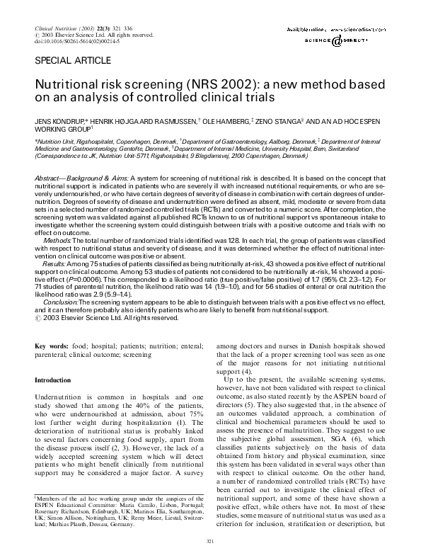 (PDF) Nutritional risk screening (NRS 2002): a new method based on an ...