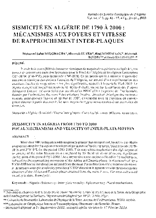 (PDF) Sismicite en Algerie De 1790 a 2000 : Mécanismes Aux Foyers et ...