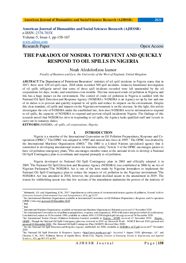 (PDF) THE PARADOX OF NOSDRA TO PREVENT AND QUICKLY RESPOND TO OIL ...