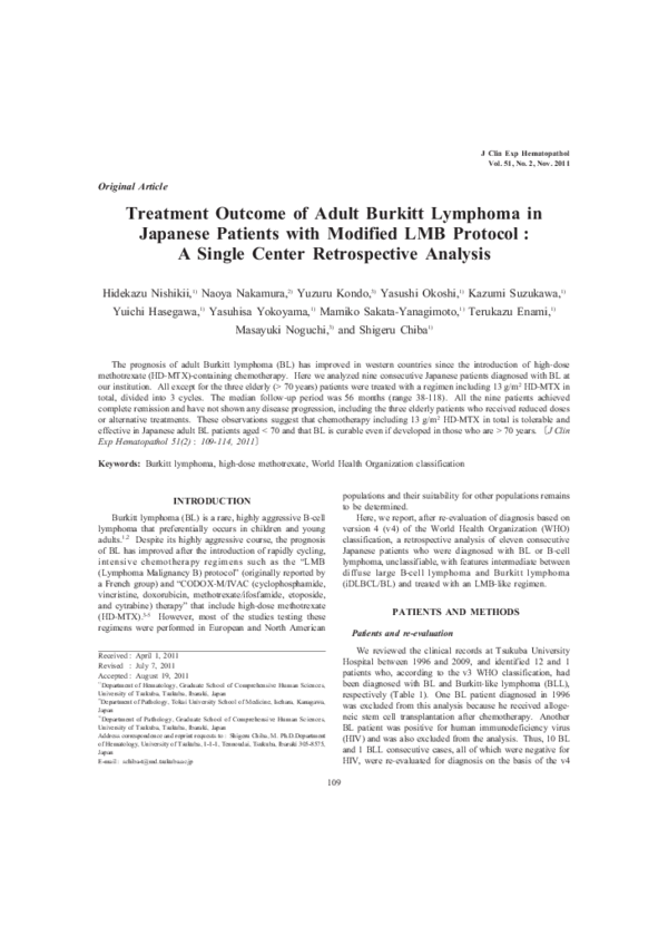 (PDF) Treatment Outcome of Adult Burkitt Lymphoma in Japanese Patients with Modified LMB ...