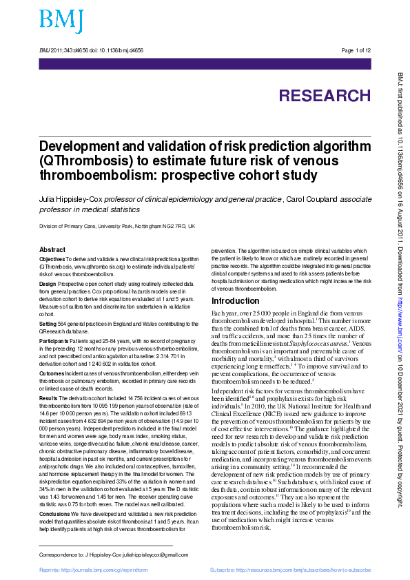 Pdf Development And Validation Of Risk Prediction Algorithm Qthrombosis To Estimate Future