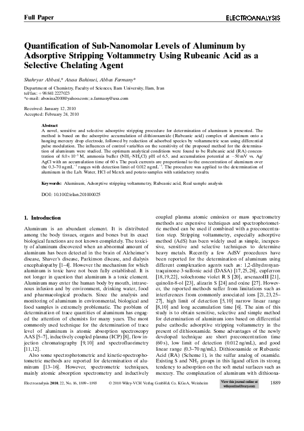 Pdf Quantification Of Sub Nanomolar Levels Of Aluminum By Adsorptive