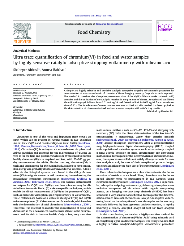 Pdf Ultra Trace Quantification Of Chromium Vi In Food And Water Samples By Highly Sensitive