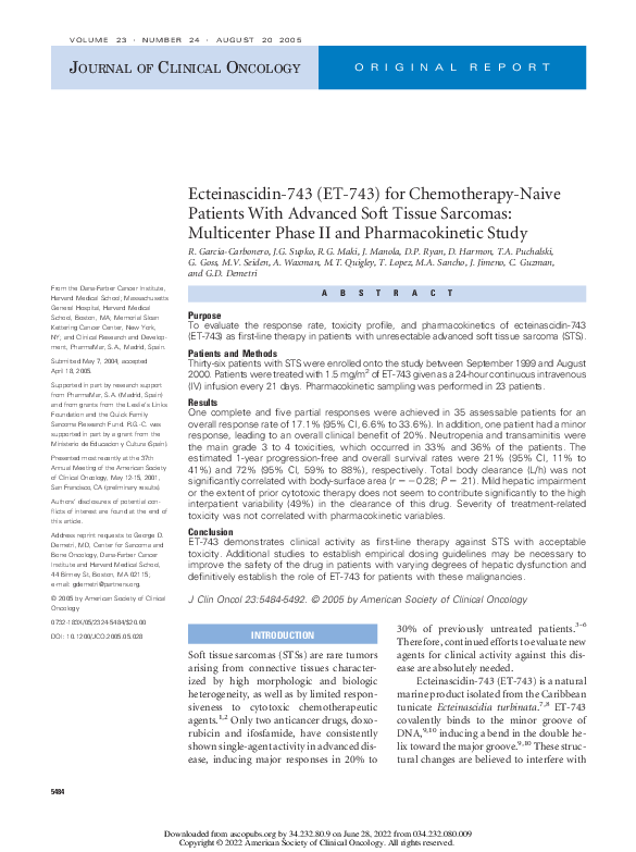 (PDF) Ecteinascidin-743 (ET-743) for Chemotherapy-Naive Patients With ...