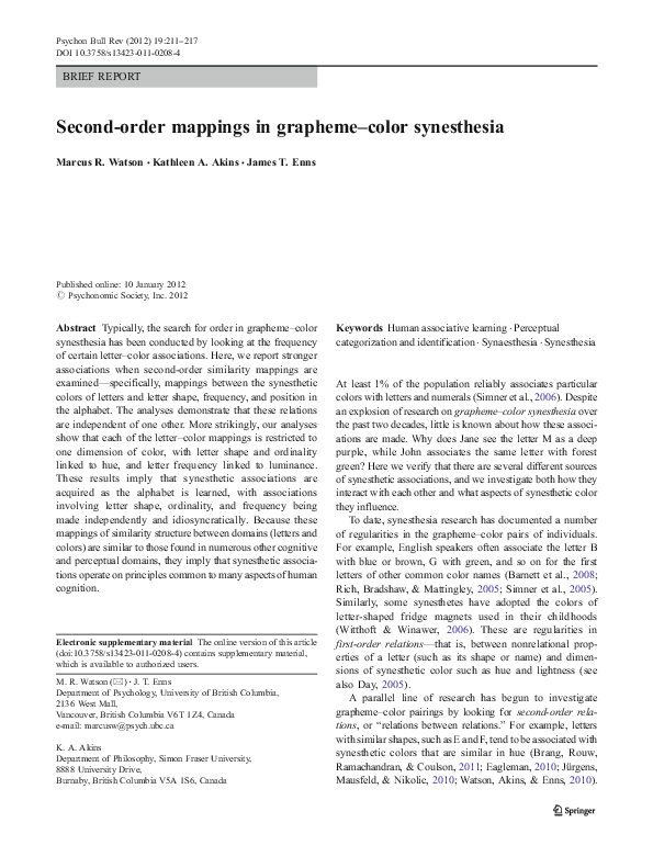 (PDF) Second-order mappings in grapheme–color synesthesia