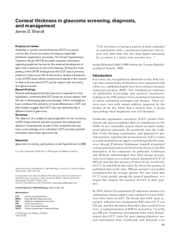 (PDF) Corneal thickness in glaucoma screening, diagnosis, and management
