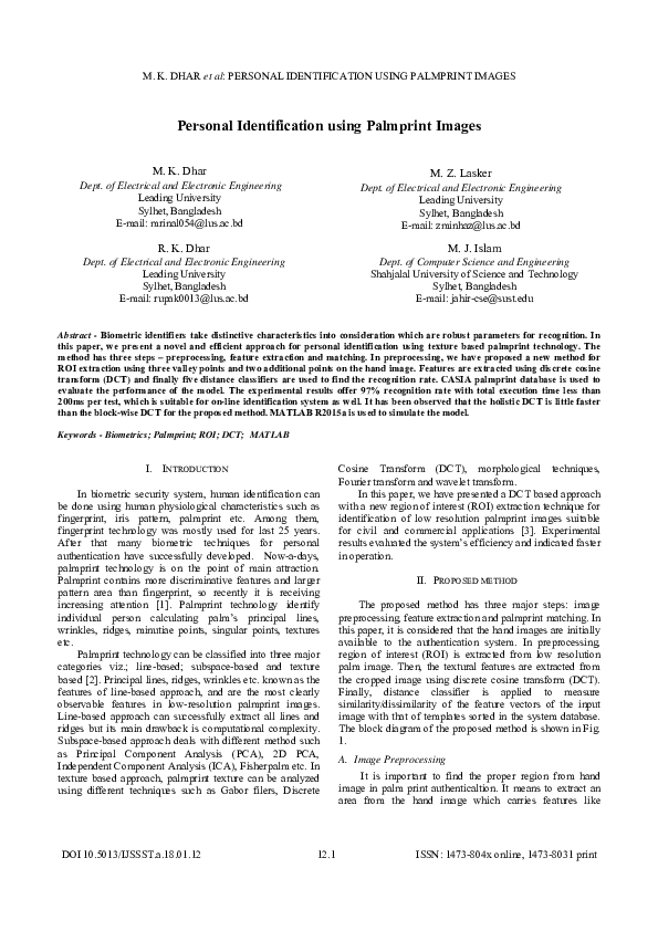 Pdf Personal Identification Using Palmprint Images