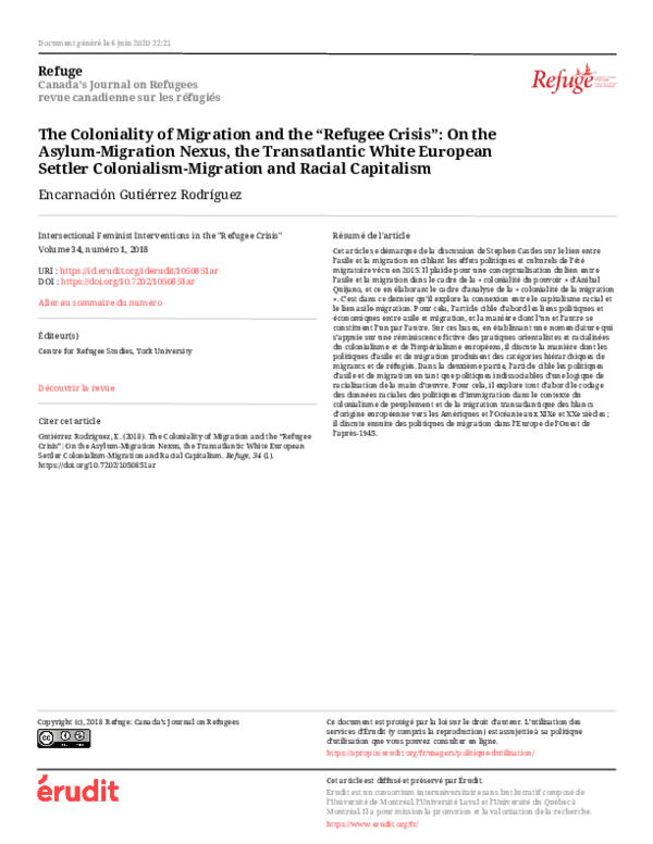 (PDF) The Coloniality of Migration and the “Refugee Crisis”: On the Asylum-Migration Nexus, the ...
