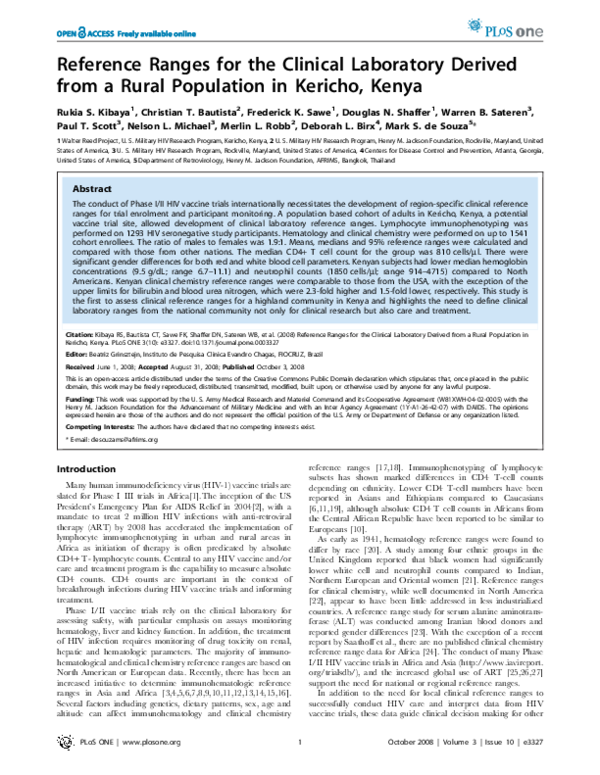 (PDF) Reference Ranges for the Clinical Laboratory Derived from a Rural ...