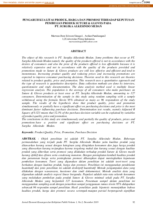 (PDF) Pengaruh Kualitas Produk, Harga Dan Promosi Terhadap Keputusan Pembelian Produk Suture ...