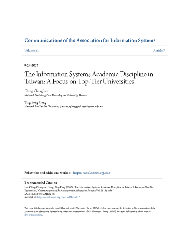 (PDF) The Information Systems Academic Discipline in Taiwan: A Focus on ...