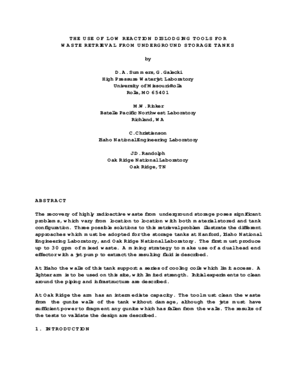 (PDF) The Use Of Low Reaction Dislodging Tools For Waste Retrieval From ...