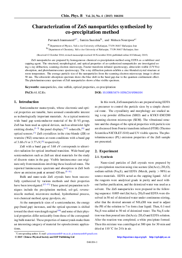 (PDF) Characterization of ZnS nanoparticles synthesized by co-precipitation method