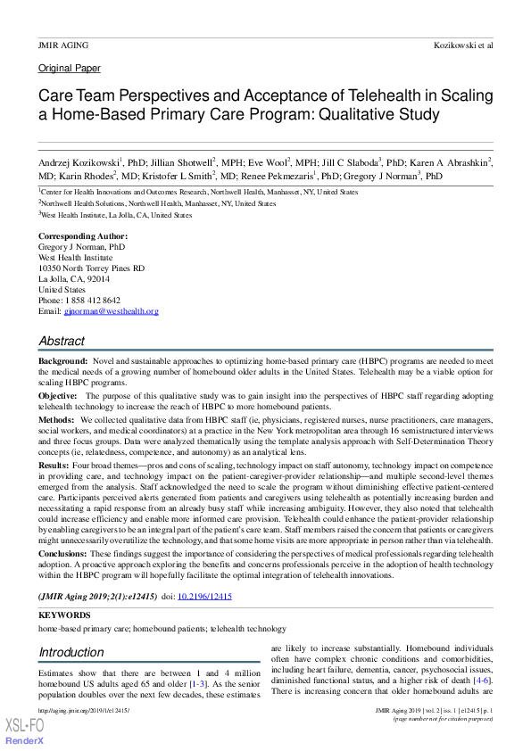 (PDF) Care Team Perspectives and Acceptance of Telehealth in Scaling a ...