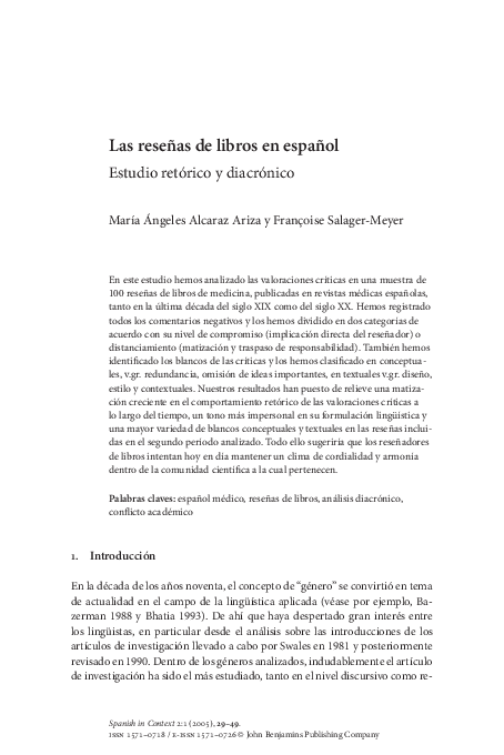 (PDF) Las reseñas de libros en español: Estudio retórico y diacrónico