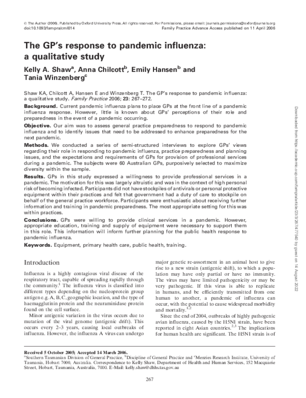 (PDF) The GP's response to pandemic influenza: a qualitative study