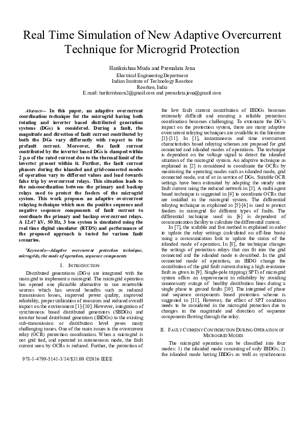 Pdf Real Time Simulation Of New Adaptive Overcurrent Technique For
