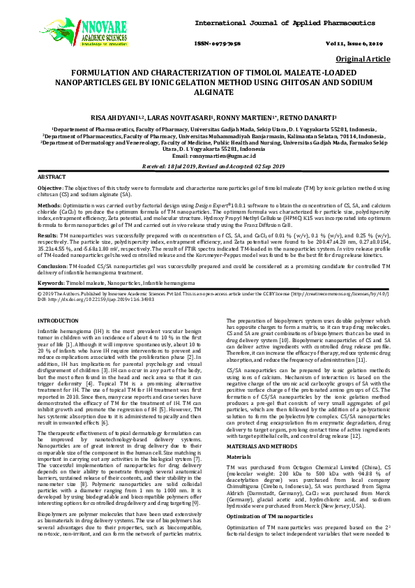 (PDF) Formulation and Characterization of Timolol Maleate-Loaded Nanoparticles Gel by Ionic ...