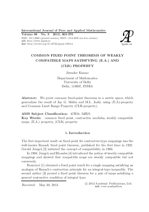 (PDF) Common Fixed Point Theorems of Weakly Compatible Maps Satisfying (E.A.) and (CLR) Property ...