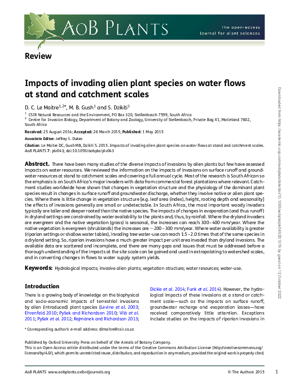 (PDF) Impacts of invading alien plant species on water flows at stand ...