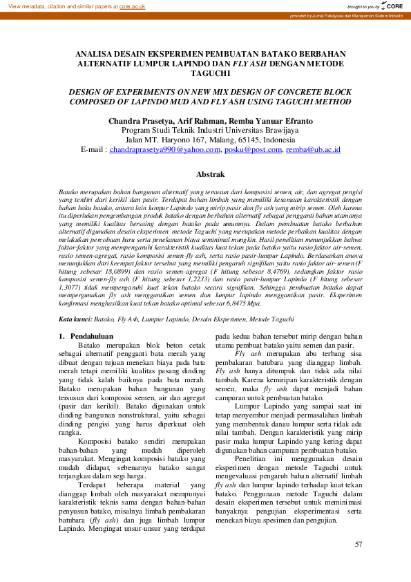 (PDF) Analisa Desain Eksperimen Pembuatan Batako Berbahan Alternatif Lumpur Lapindo Dan Fly Ash ...