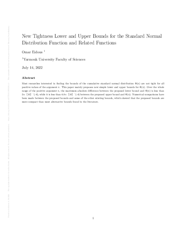 (PDF) New Tightness Lower and Upper Bounds for the Standard Normal Distribution Function and ...