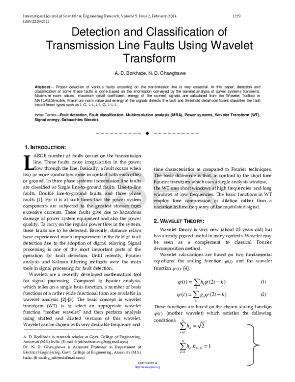 (PDF) Transmission Line Faults Using Wavelet Transform