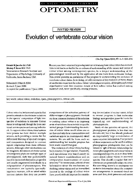 (PDF) Evolution of vertebrate colour vision
