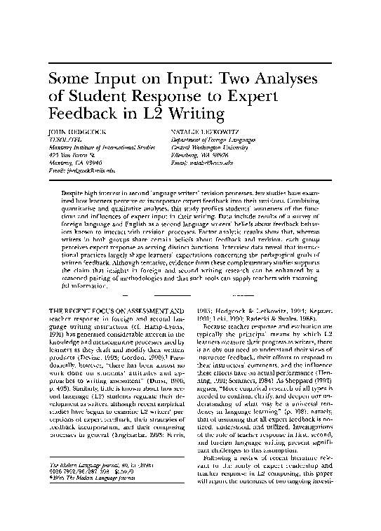 (PDF) Some Input on Input: Two Analyses of Student Response to Expert ...
