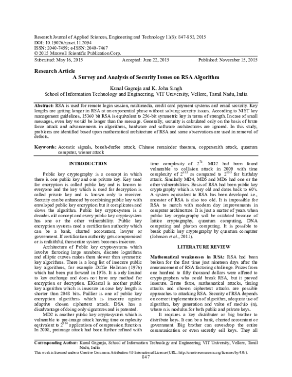 (PDF) A Survey and Analysis of Security Issues on RSA Algorithm | john ...