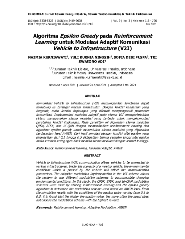Pdf Algoritma Epsilon Greedy Pada Reinforcement Learning Untuk Modulasi Adaptif Komunikasi 