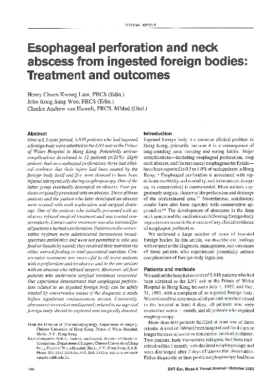 (PDF) Esophageal Perforation and Neck Abscess from Ingested Foreign ...