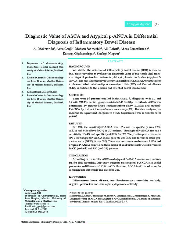 (PDF) Diagnostic Value of ASCA and Atypical p-ANCA in Differential ...