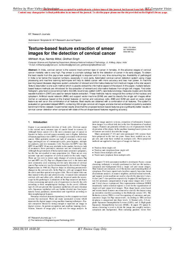 (PDF) Texture‐based feature extraction of smear images for the detection of cervical cancer