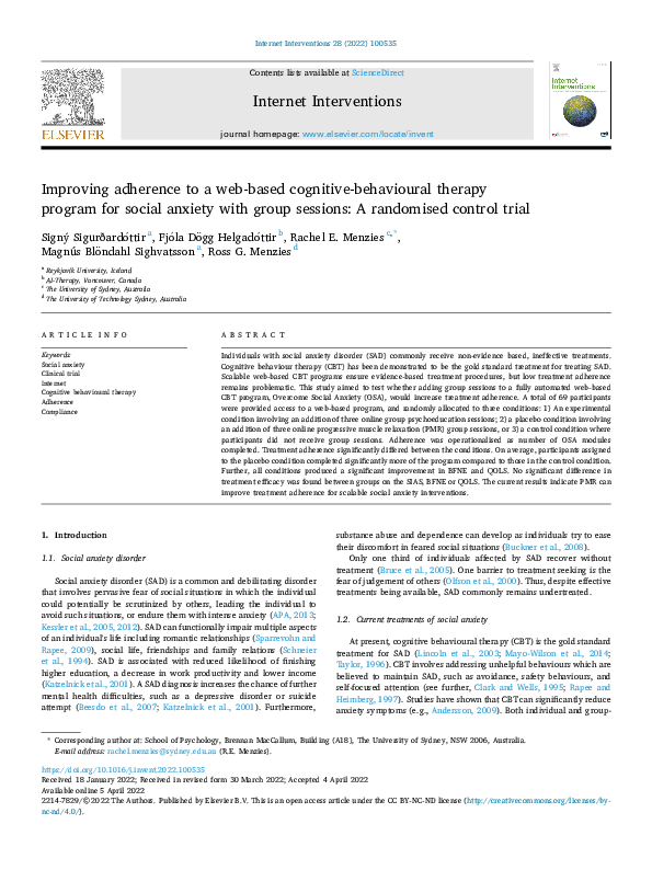(PDF) Improving adherence to a web-based cognitive-behavioural therapy program for social ...