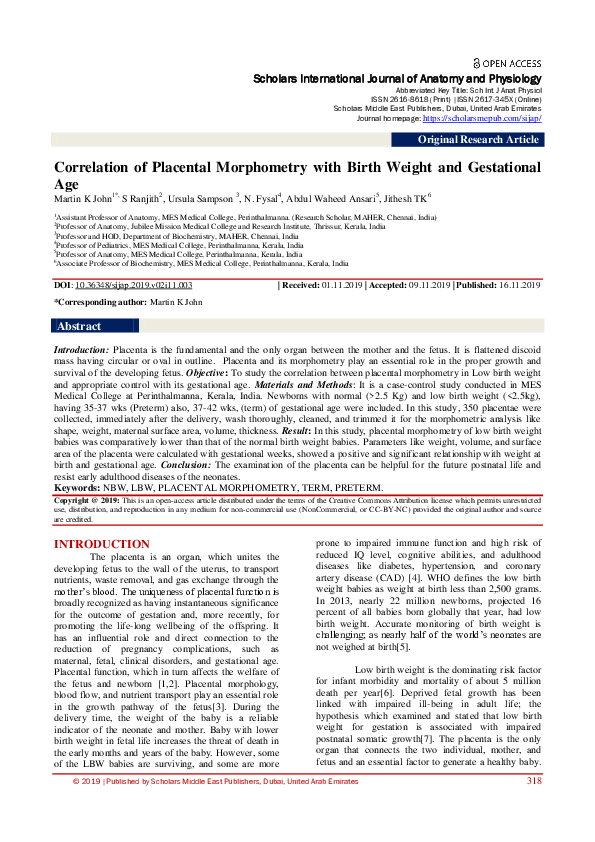 (PDF) Correlation of Placental Morphometry with Birth Weight and ...