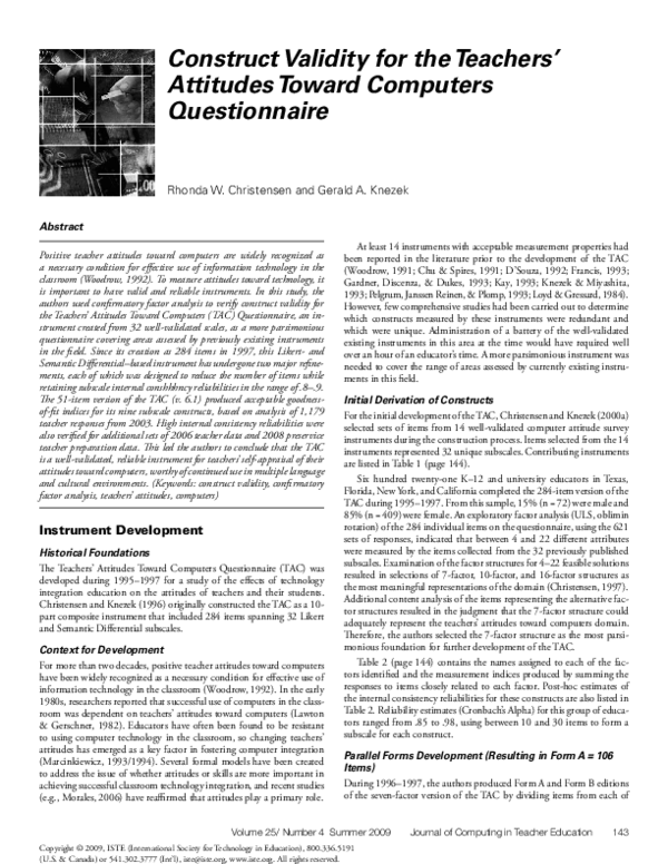 (PDF) Construct Validity for the Teachers’ Attitudes Toward Computers Questionnaire
