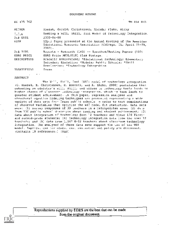 (PDF) Testing a Will, Skill, Tool Model of Technology Integration