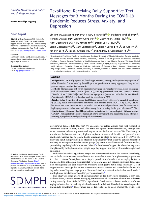 (PDF) Text4Hope: Receiving Daily Supportive Text Messages for 3 Months ...