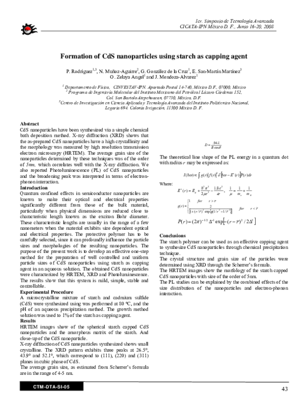 (PDF) Formation of CdS nanoparticles using starch as capping agent