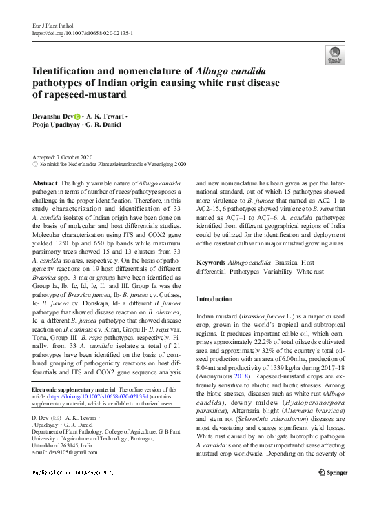 (PDF) Identification and nomenclature of Albugo candida pathotypes of ...