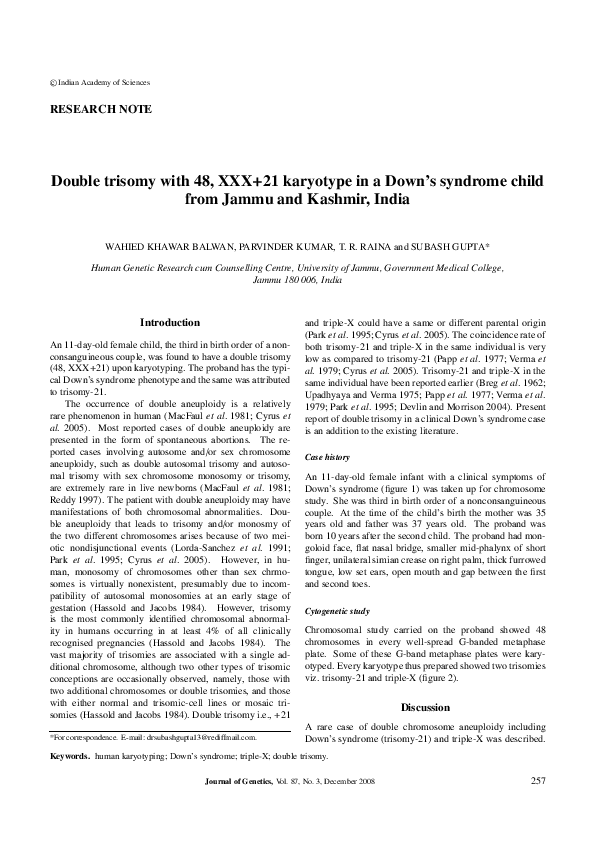 (PDF) Double trisomy with 48, XXX+21 karyotype in a Down’s syndrome ...