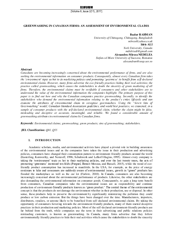 (PDF) Greenwashing in Canadian Firms: An Assessment of Environmental ...