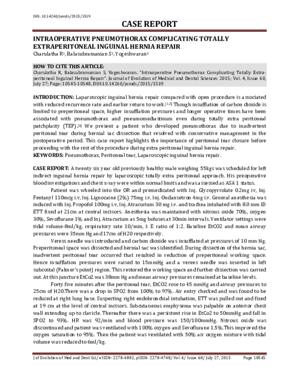 (PDF) Intraoperative Pneumothorax Complicating Totally Extraperitoneal ...