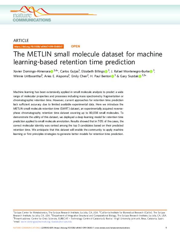 (PDF) The METLIN small molecule dataset for machine learning-based ...