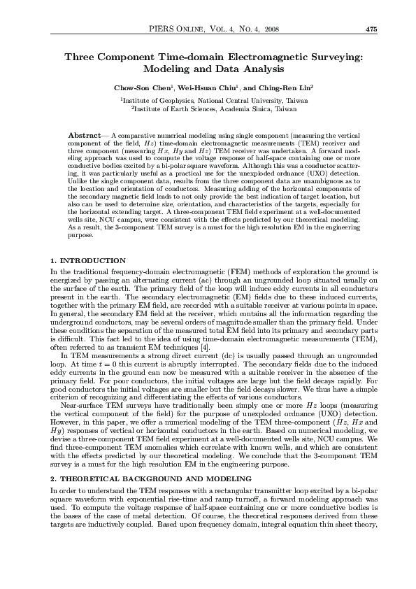 Pdf Three Component Time Domain Electromagnetic Surveying Modeling And Data Analysis