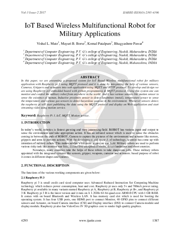 (PDF) IoT Based Wireless Multifunctional Robot for Military Applications