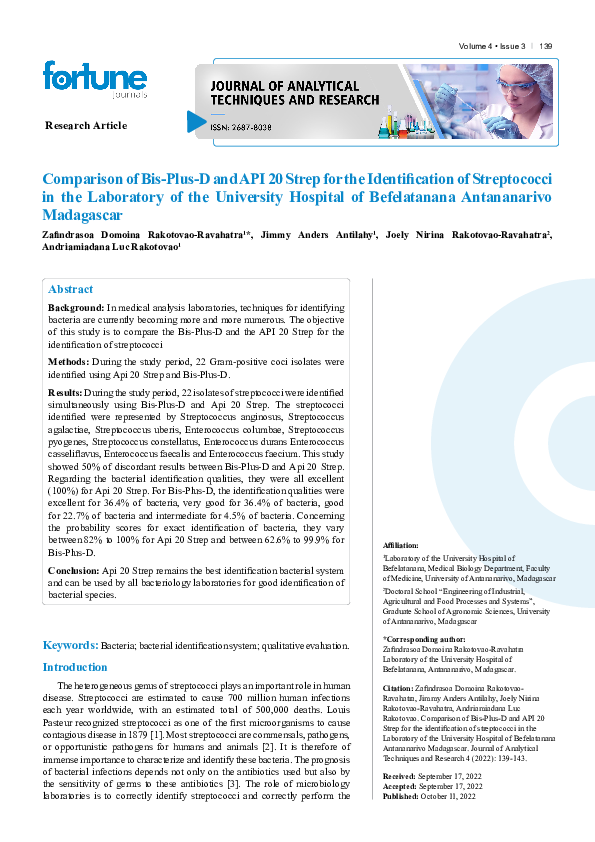 (PDF) Comparison of Bis-Plus-D and API 20 Strep for the Identification ...