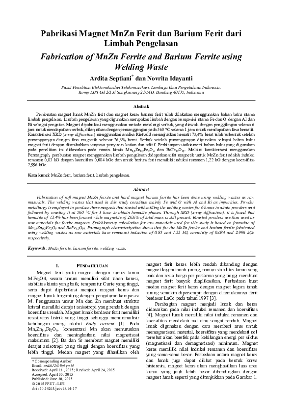 (PDF) Fabrikasi Magnet MnZn Ferit dan Barium Ferit dari Limbah Pengelasan
