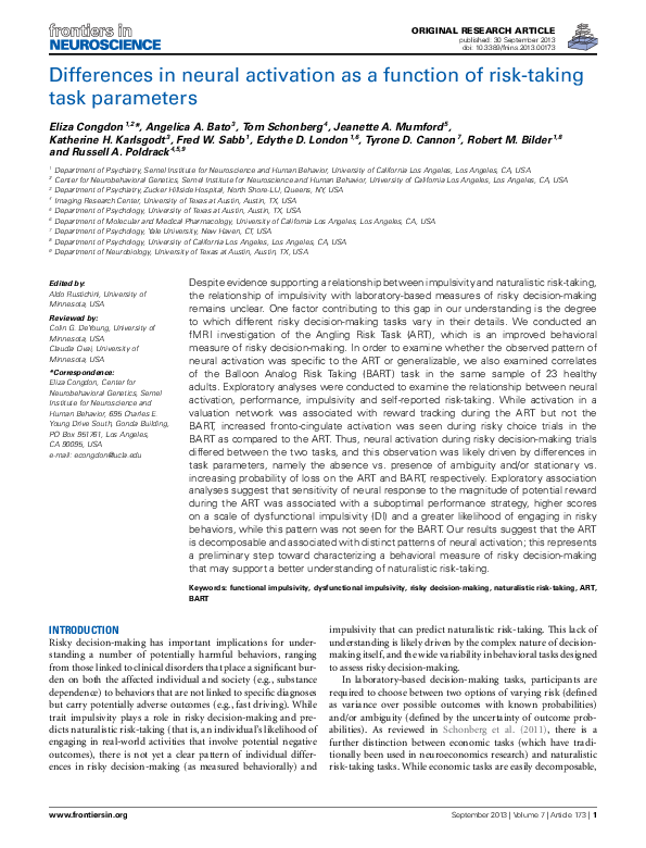 (PDF) Differences in neural activation as a function of risk-taking task parameters